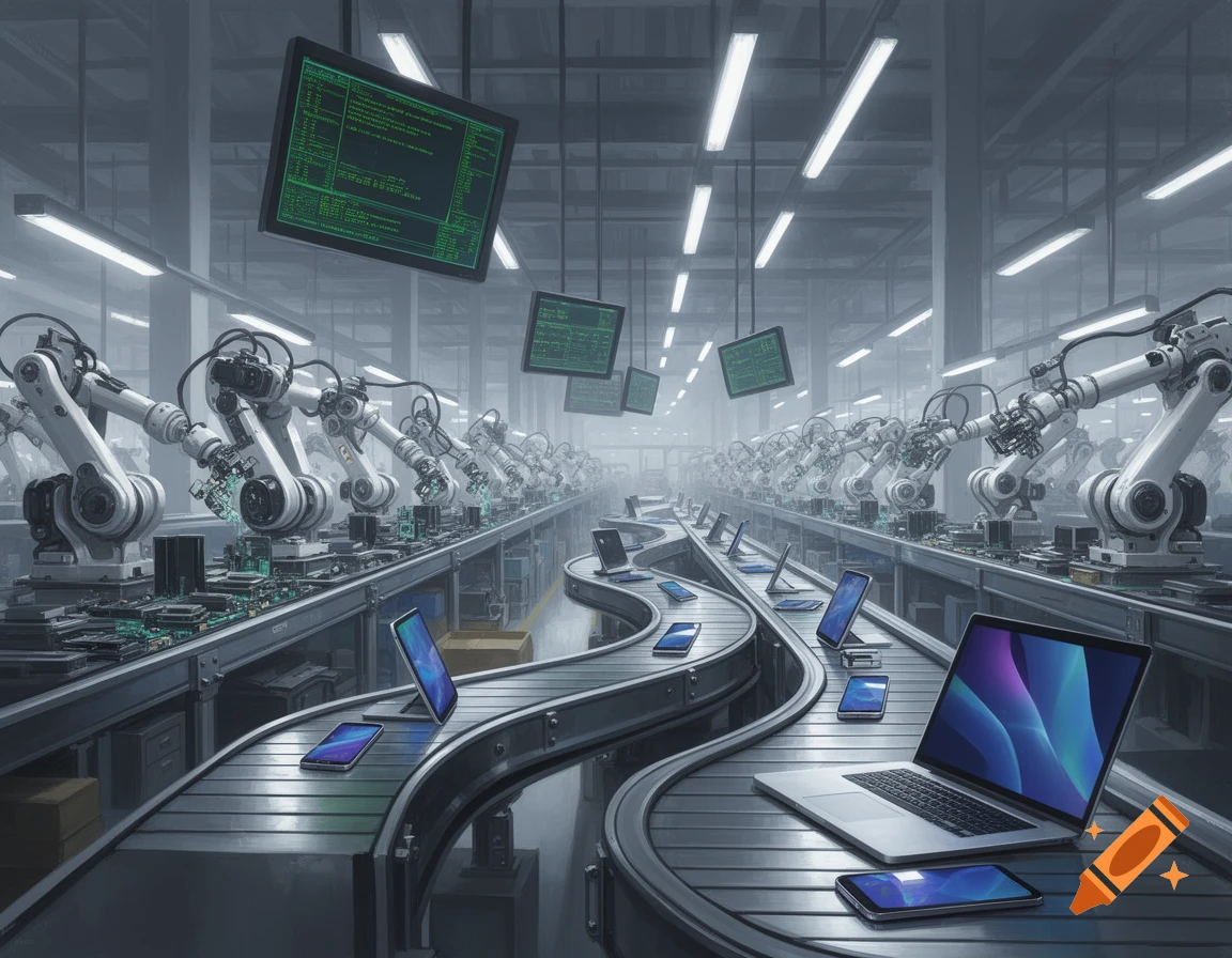 A long, futuristic factory assembly line with robotic arms building ...