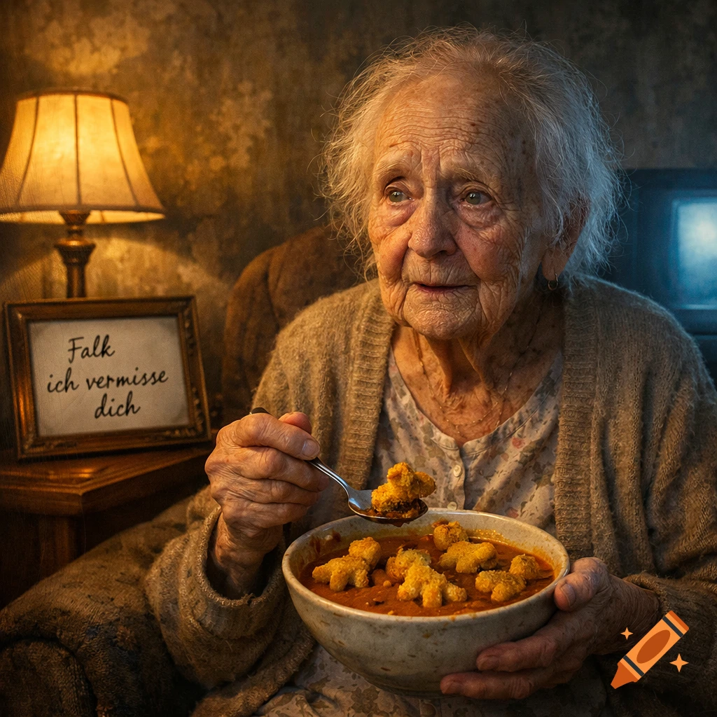 A photorealistic portrait of an old woman eating soup with animal ...