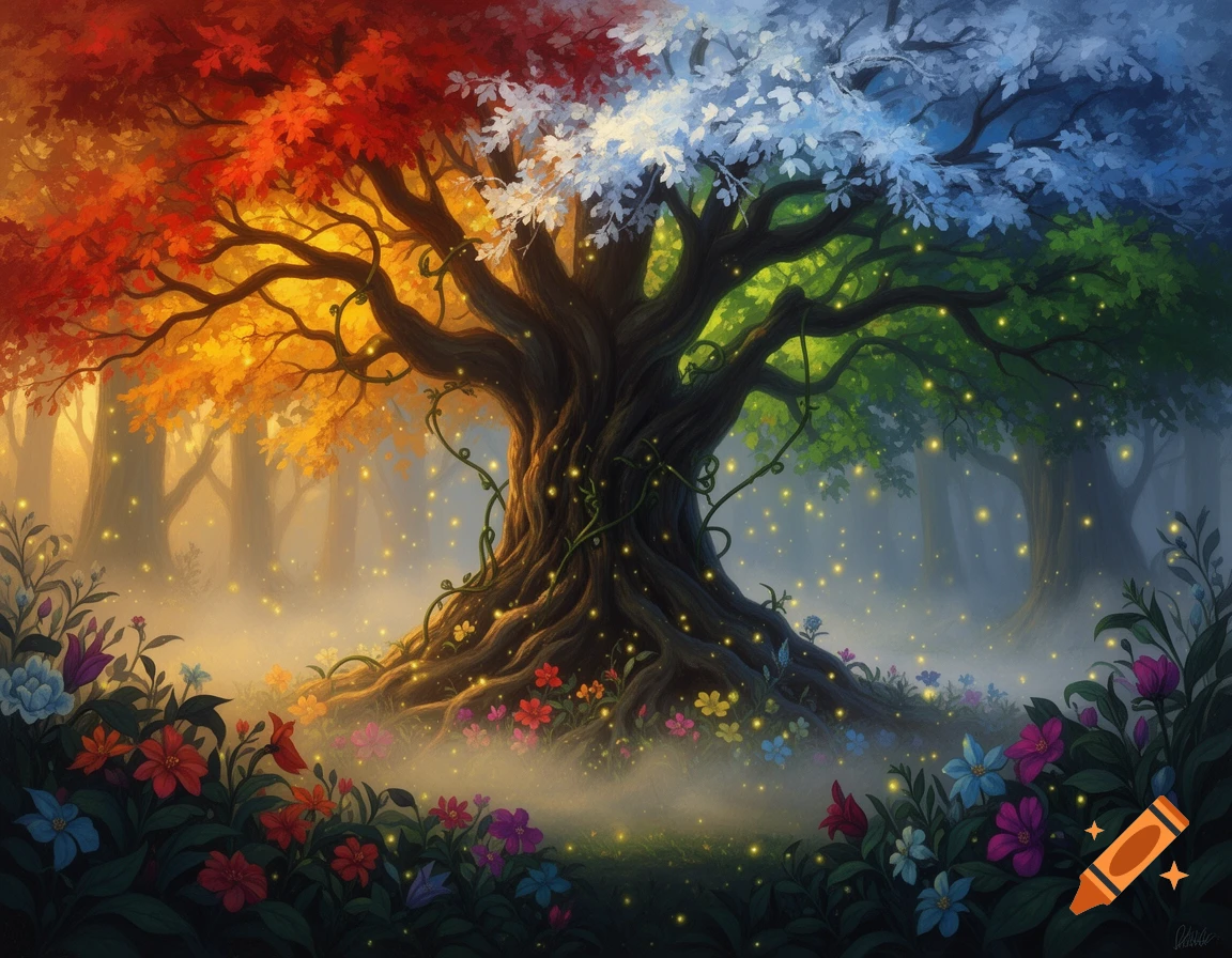 A magical tree with leaves displaying autumn, winter, spring, and ...