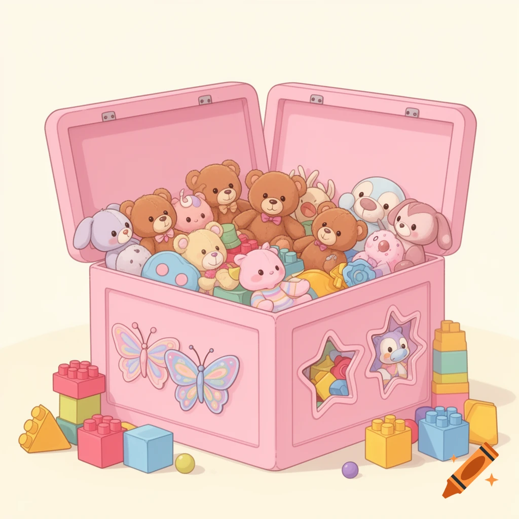 A cute cartoon illustration of a pink toy box filled with teddy bears ...