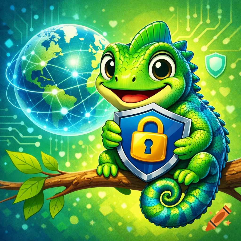 A friendly, green and blue cartoon chameleon mascot sits on a branch ...