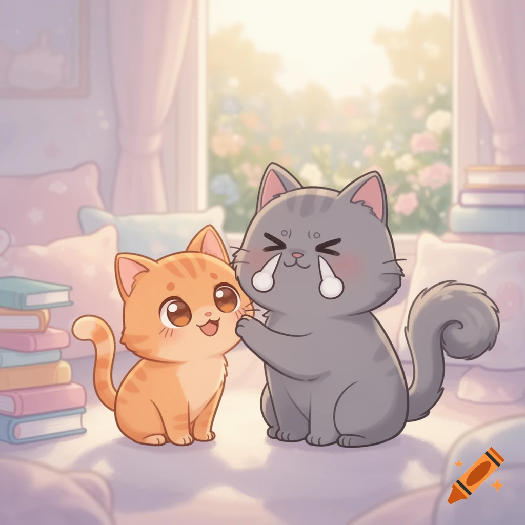 A happy orange chibi cat comforts a crying grey chibi cat in a cozy ...