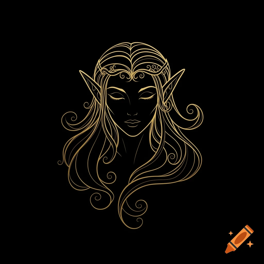 Gold line art illustration of an elf's head with long hair and pointed ...