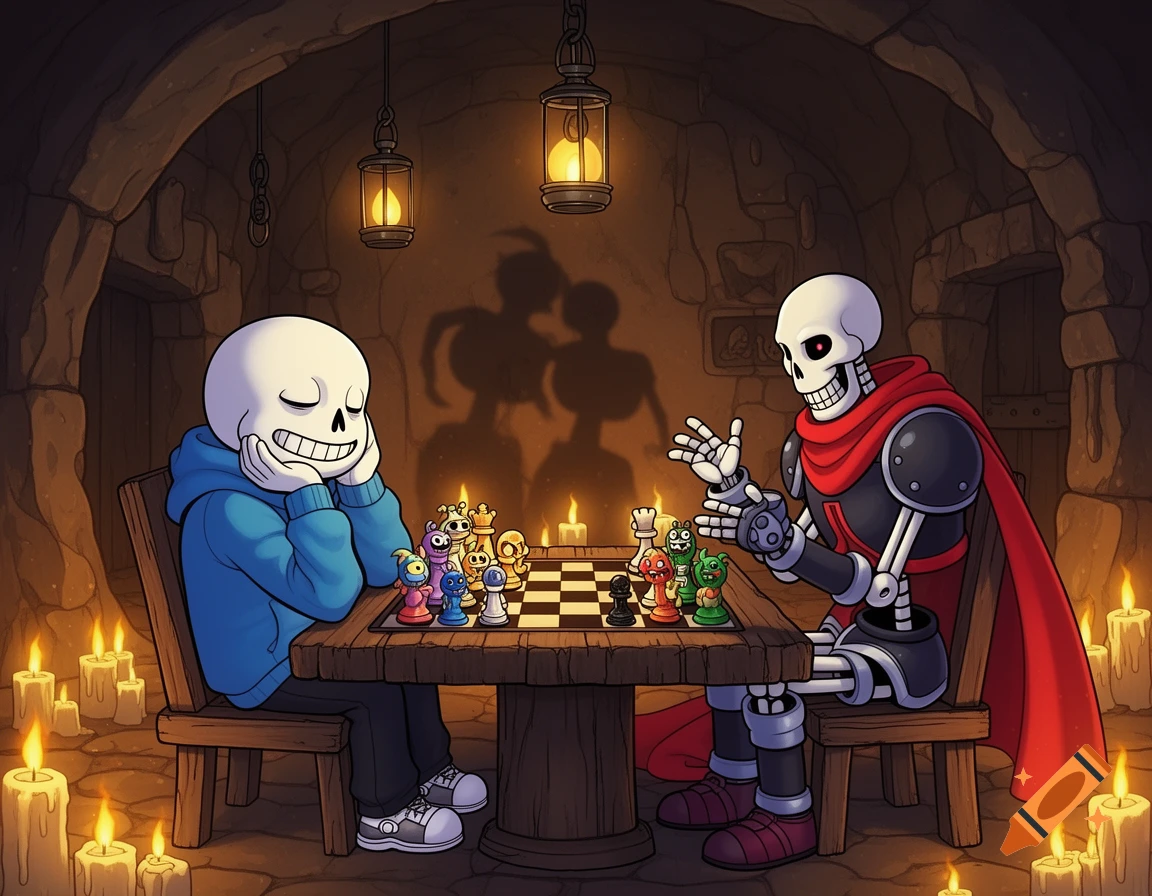 Sans and Papyrus, cartoon skeletons, play chess at a wooden table in a ...