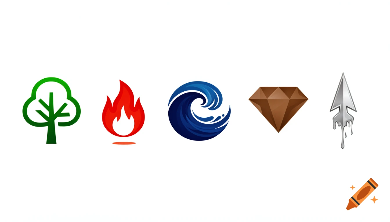 Five stylized symbols: a green tree, red flame, blue wave, brown ...