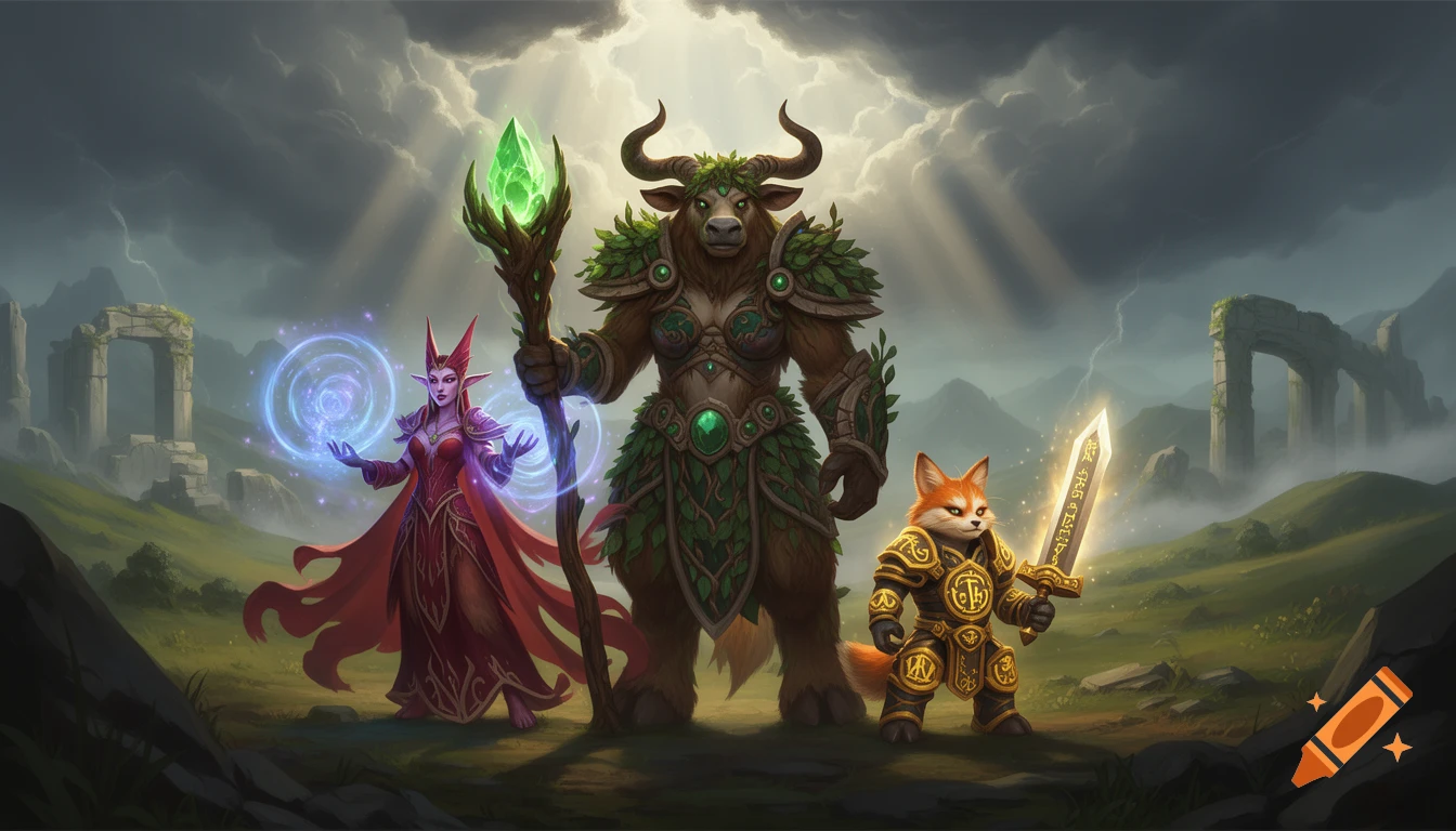 A female blood elf mage, tauren druid, and vulpera paladin stand amidst ...