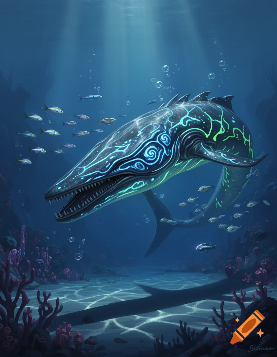 A gargantuan, bioluminescent leviathan swims in deep blue water ...