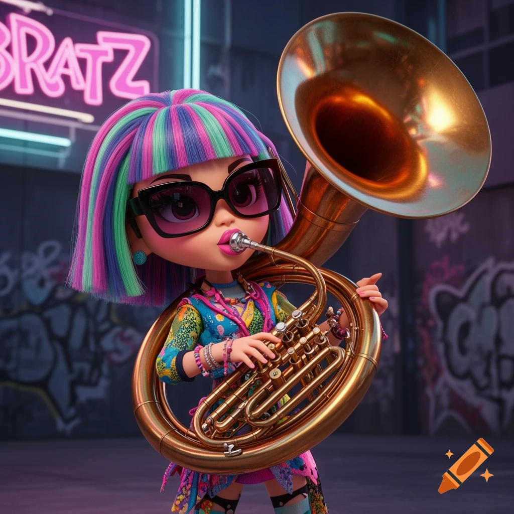 A stylized 3D doll with rainbow hair and sunglasses plays a bronze ...