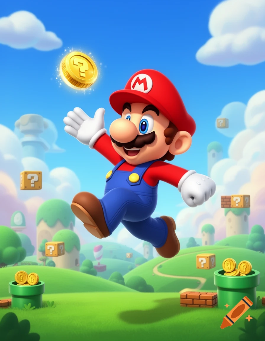Mario jumps excitedly to grab a golden coin in a vibrant, cartoon Super ...