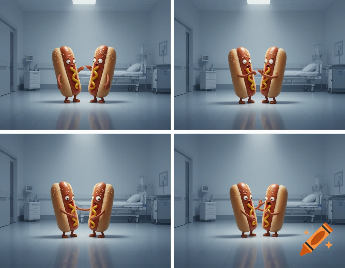 Four-panel comic of anthropomorphic hotdogs with surprised expressions ...