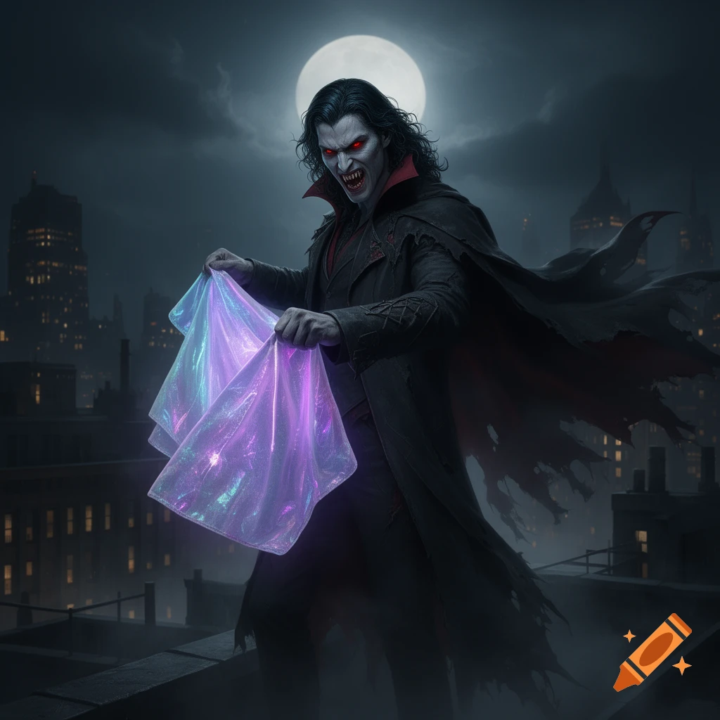 A menacing vampire in a black cloak on a dark rooftop, holding ...