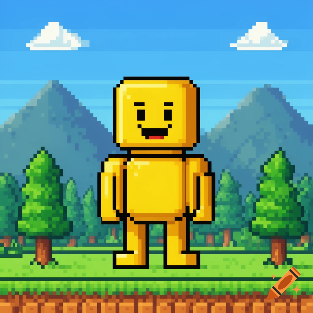 A smiling yellow blocky pixel art character stands in a pixelated ...