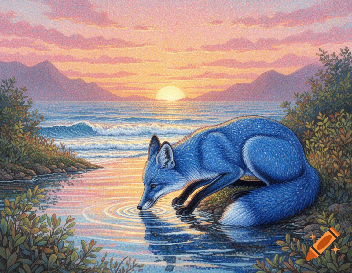 A blue fox with white spots drinks from a stream, reflecting a ...