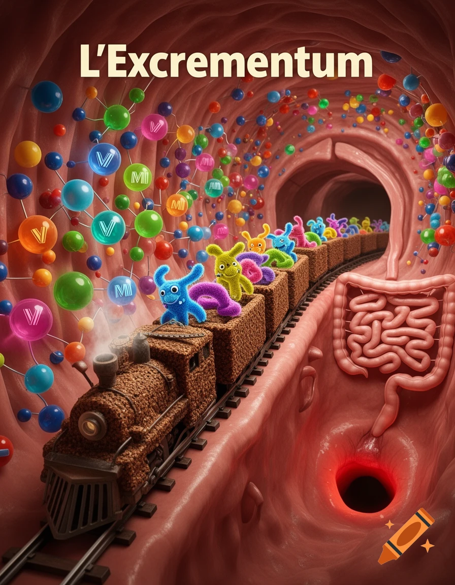 Cartoon fecal train travels through human intestines with colorful ...