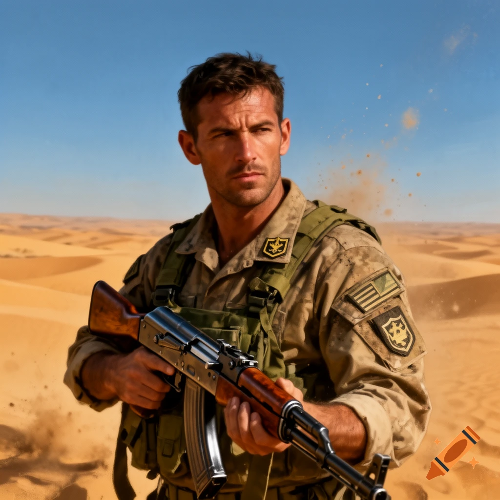 A determined military man in desert camouflage uniform stands in a vast ...