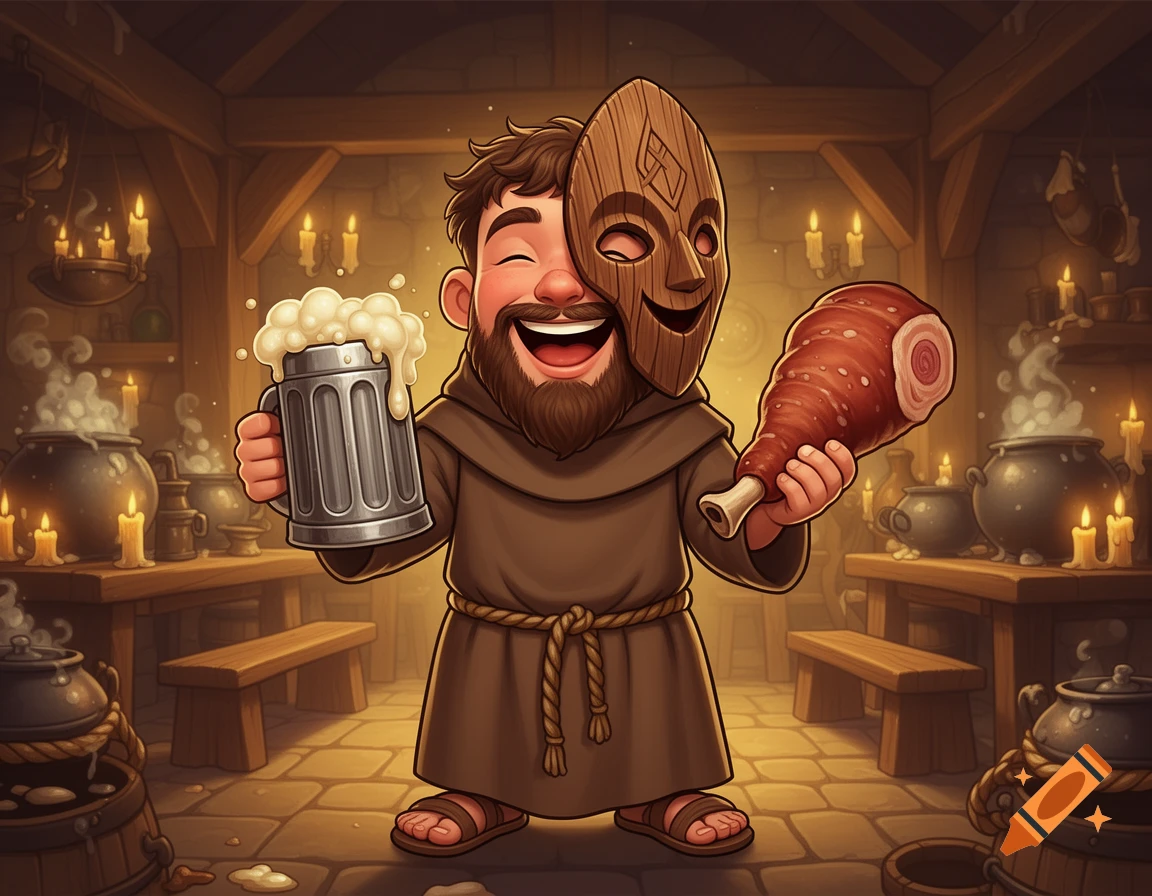 A laughing cartoon friar with a beard and a wooden half-mask holds a ...