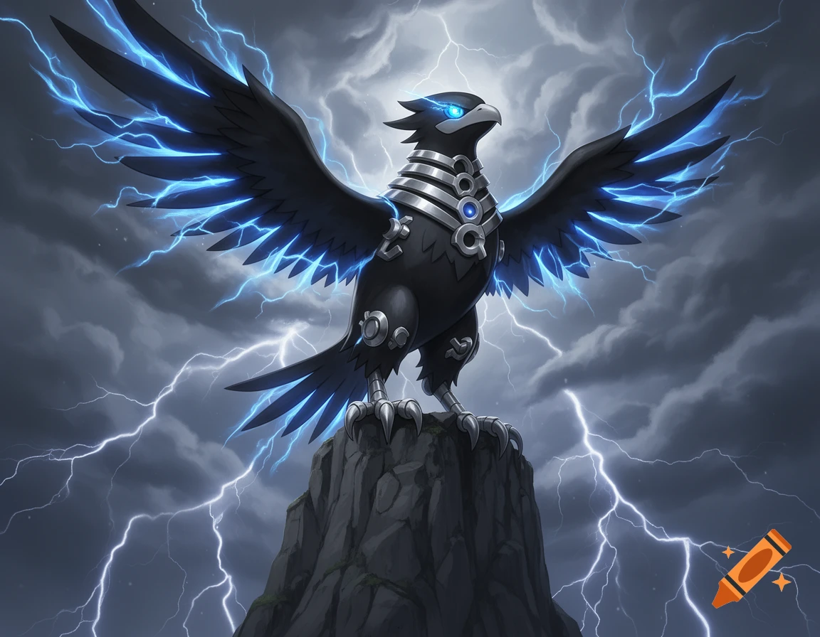 A black, armored bird with glowing blue lightning wings and eyes ...