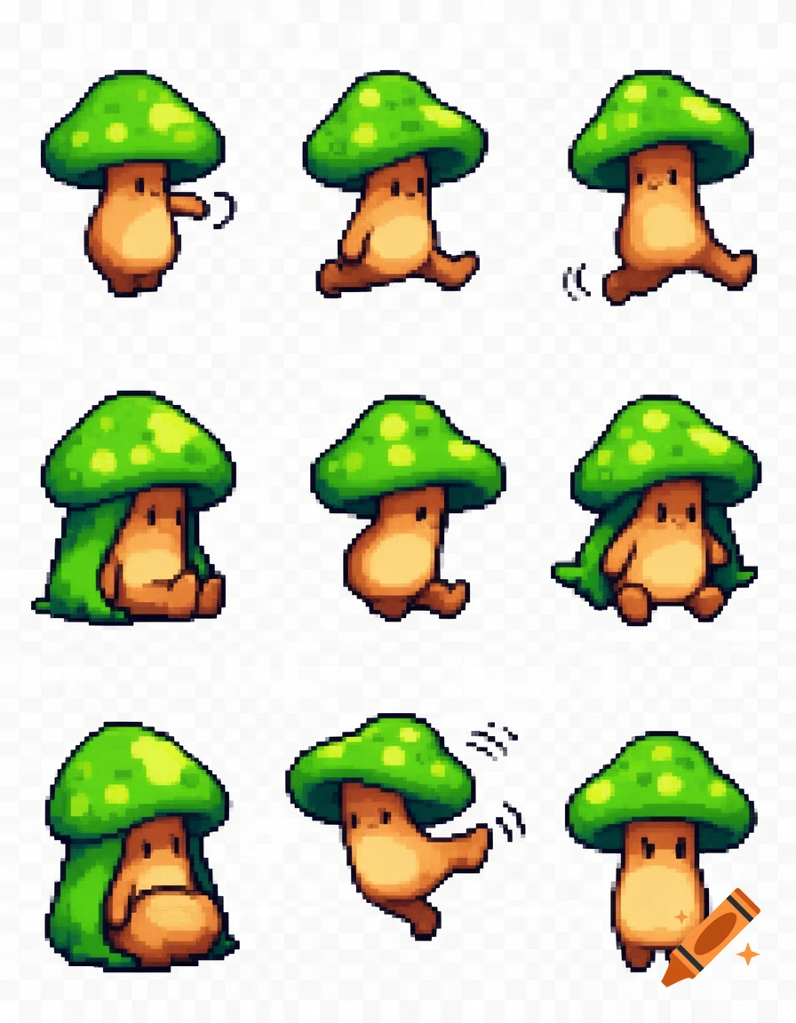 Nine pixel art mushroom sprites with green caps in various animated ...