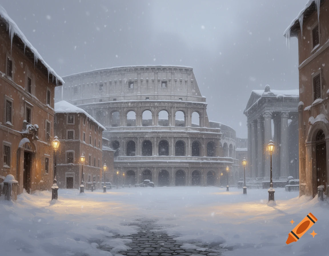 The Colosseum and historic Roman buildings covered in heavy snow at ...