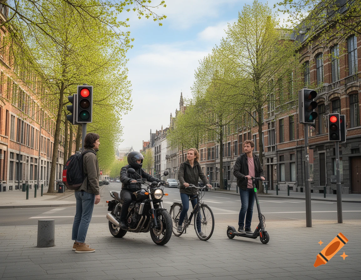 Four people stopped at a red light in a photorealistic European city ...