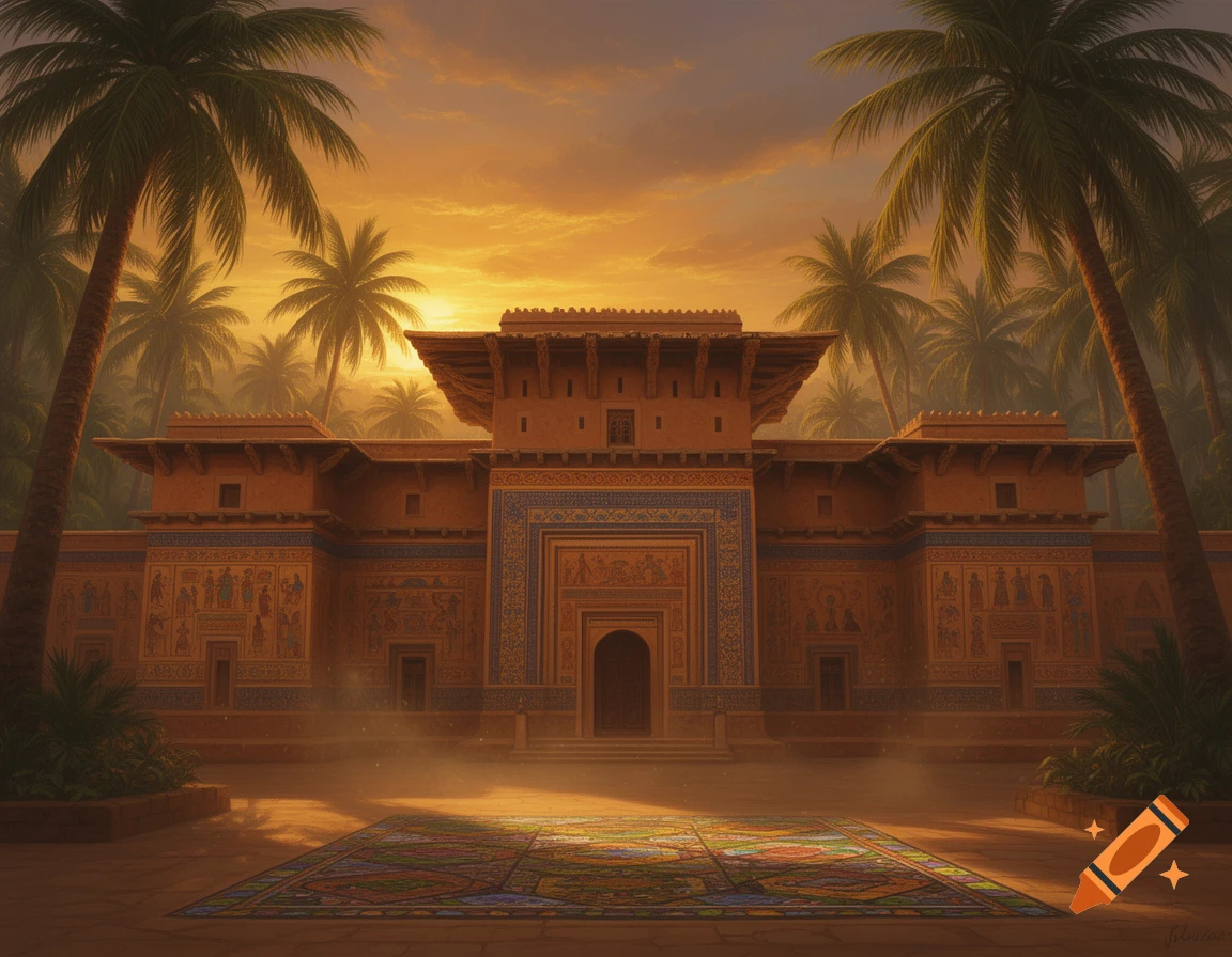 A detailed African palace at sunset, featuring traditional architecture ...