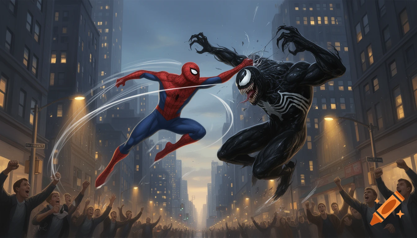 Spider-Man jumps to punch Venom in a dynamic comic art style, as a ...