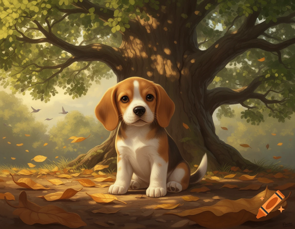 A cute beagle puppy sits under a large tree with golden leaves ...