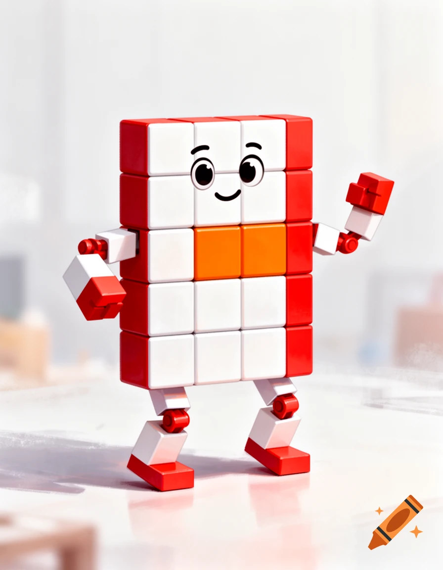 A cheerful robot character made of red and white blocks with an orange ...