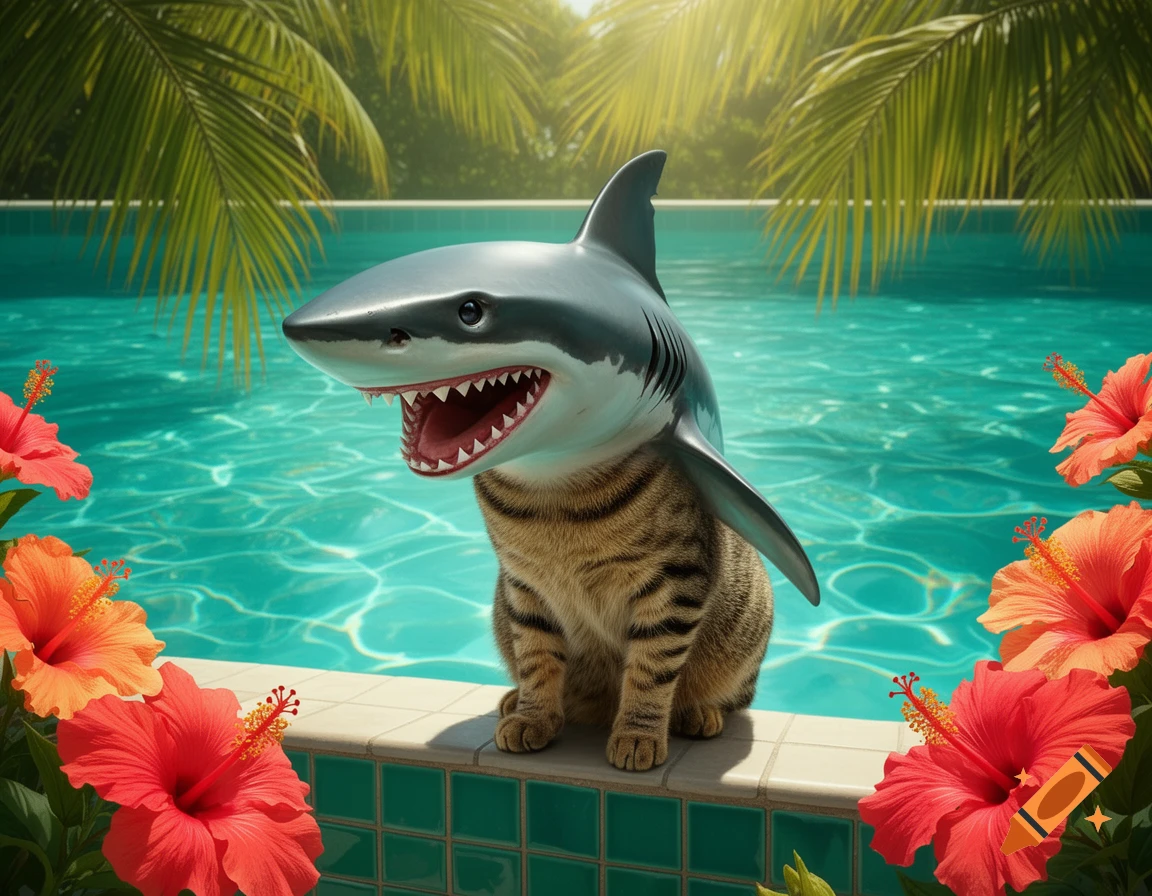 A tabby cat with a shark head sits on the edge of a bright blue ...