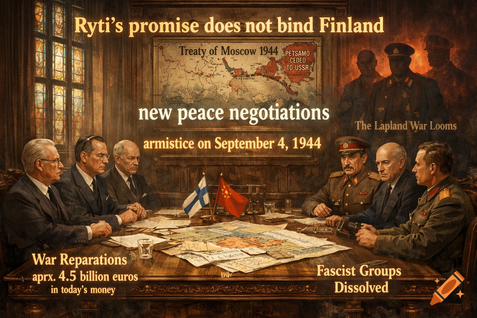 An illustration depicting the 1944 Treaty of Moscow negotiations with ...