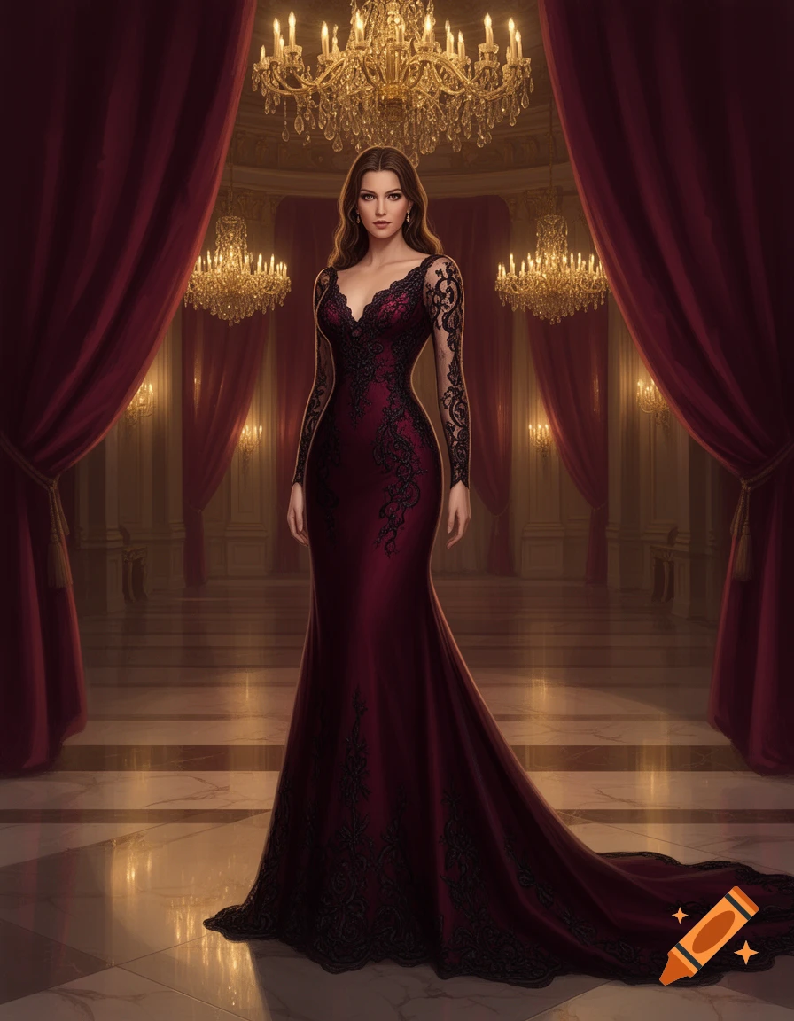 A woman in a dark red evening gown with black lace stands in a grand ...