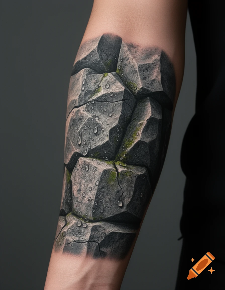 A photorealistic tattoo of wet, mossy, cracked grey stones with water ...