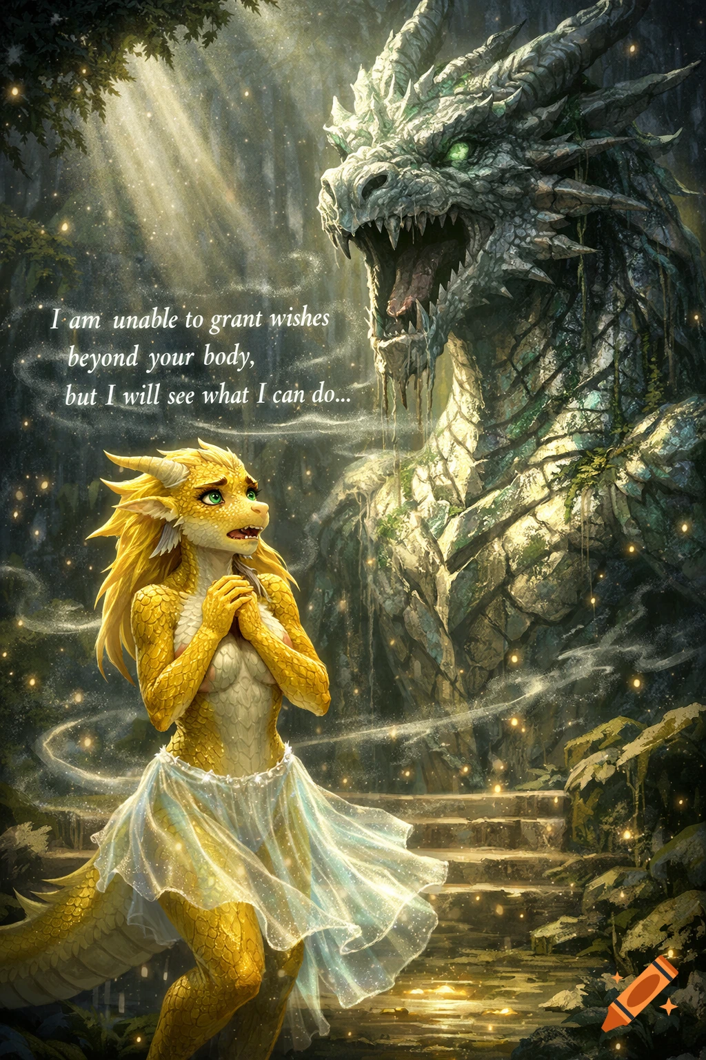 A frightened yellow anthropomorphic dragon stands before a giant green ...