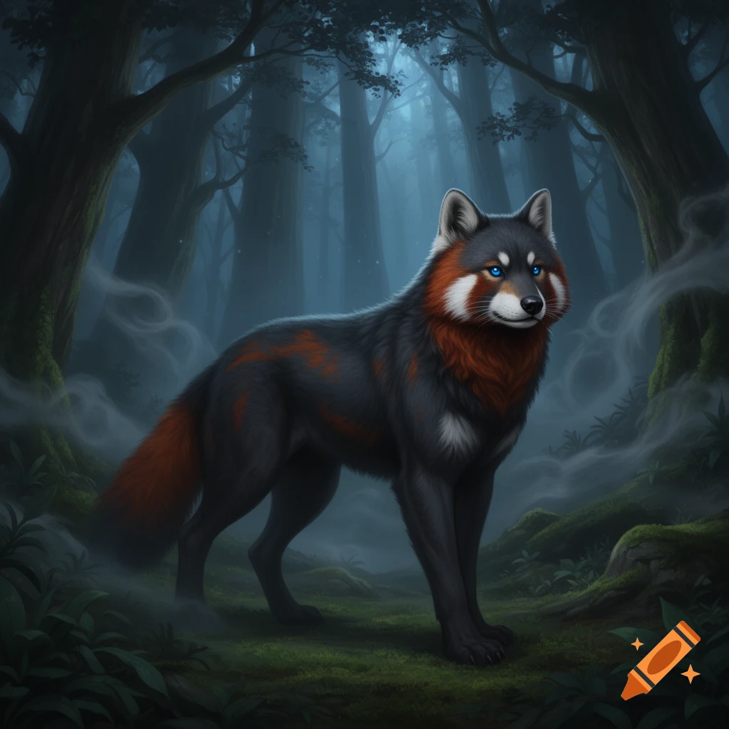 A mythical dire wolf and red panda hybrid creature with blue eyes ...