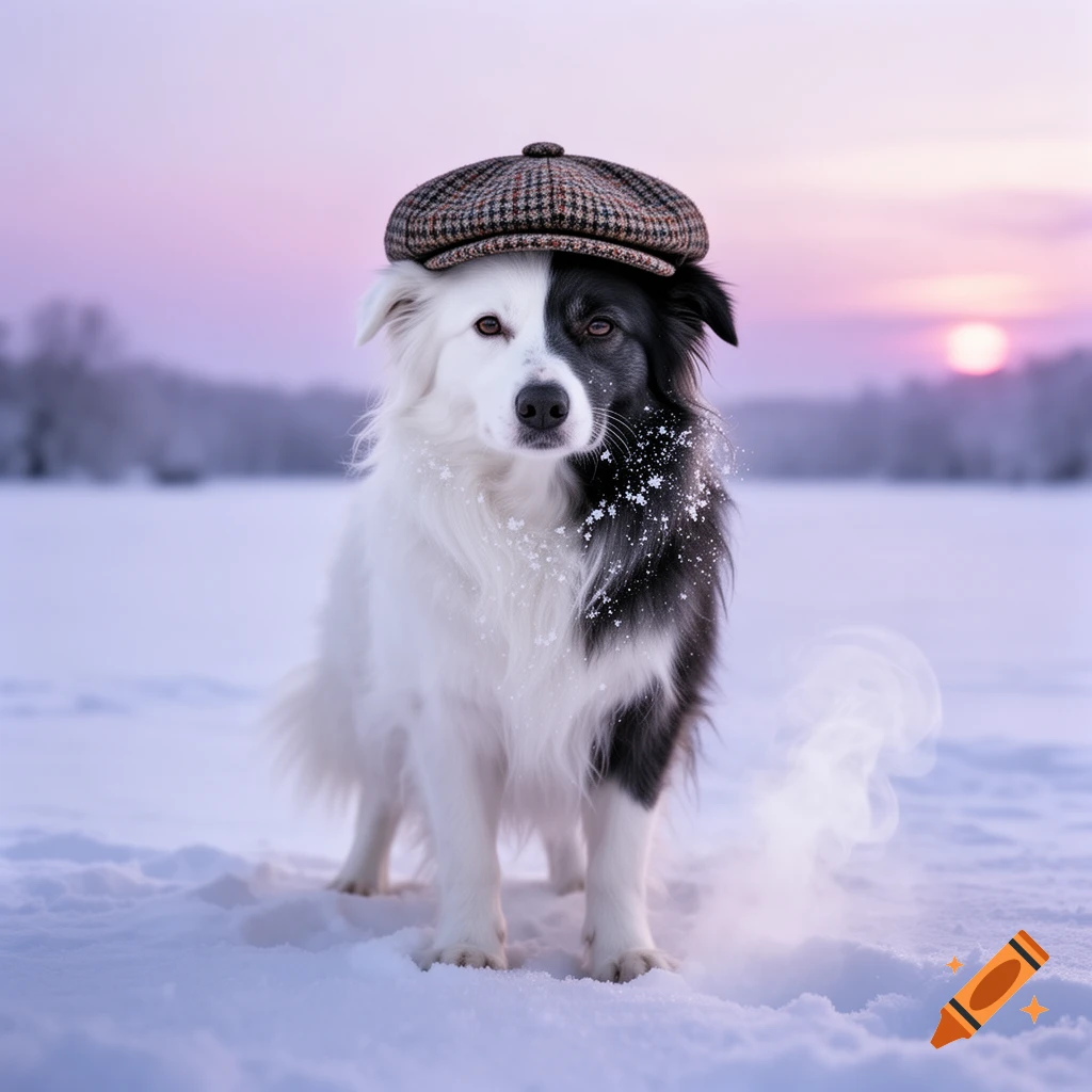 A photorealistic split-faced border collie wearing a brown plaid flat ...