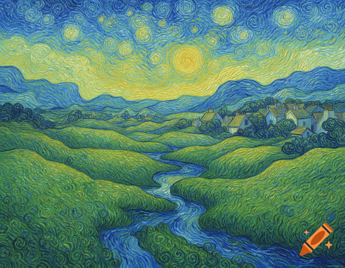 A vibrant landscape painting in the style of Van Gogh, featuring ...