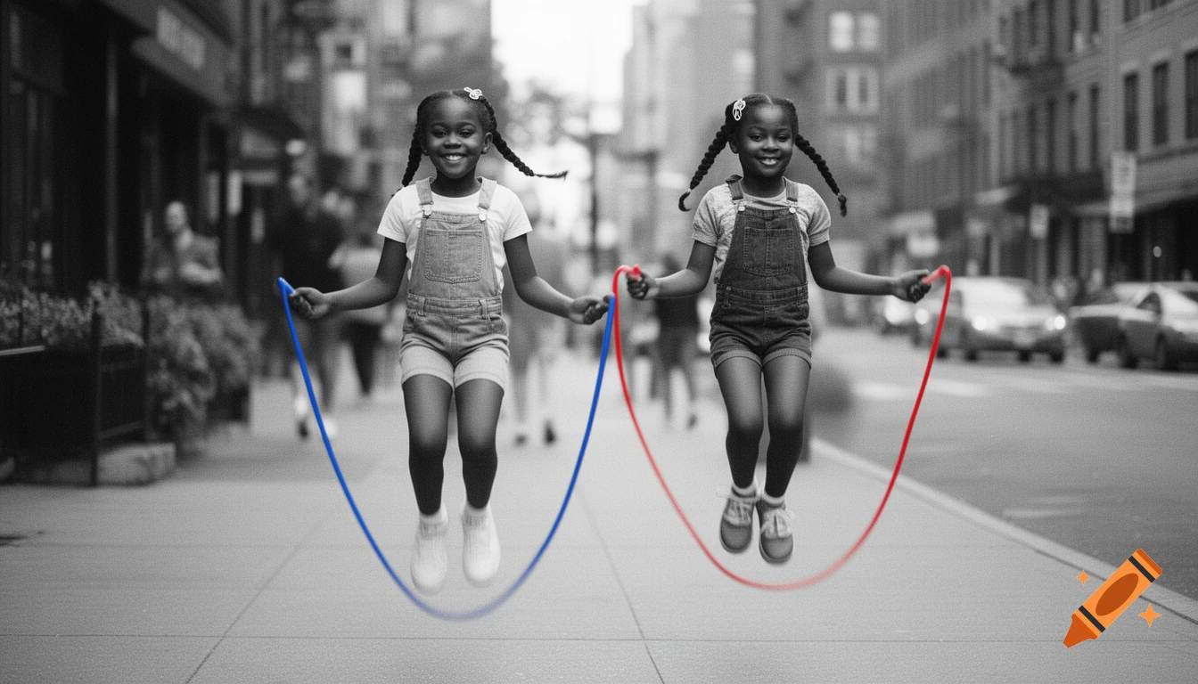 Two smiling Black girls jump rope on a black and white city sidewalk ...