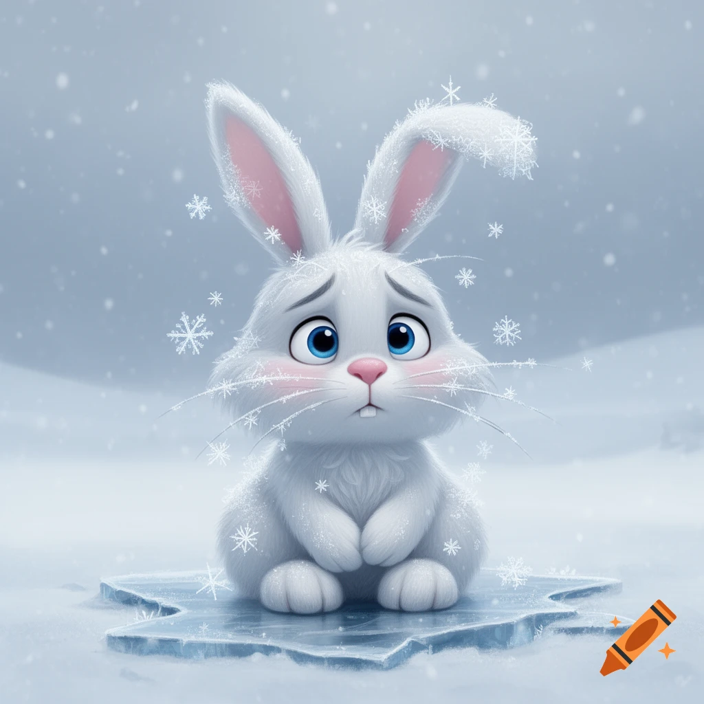 A cute, sad cartoon white bunny sits on a piece of ice in the snow ...