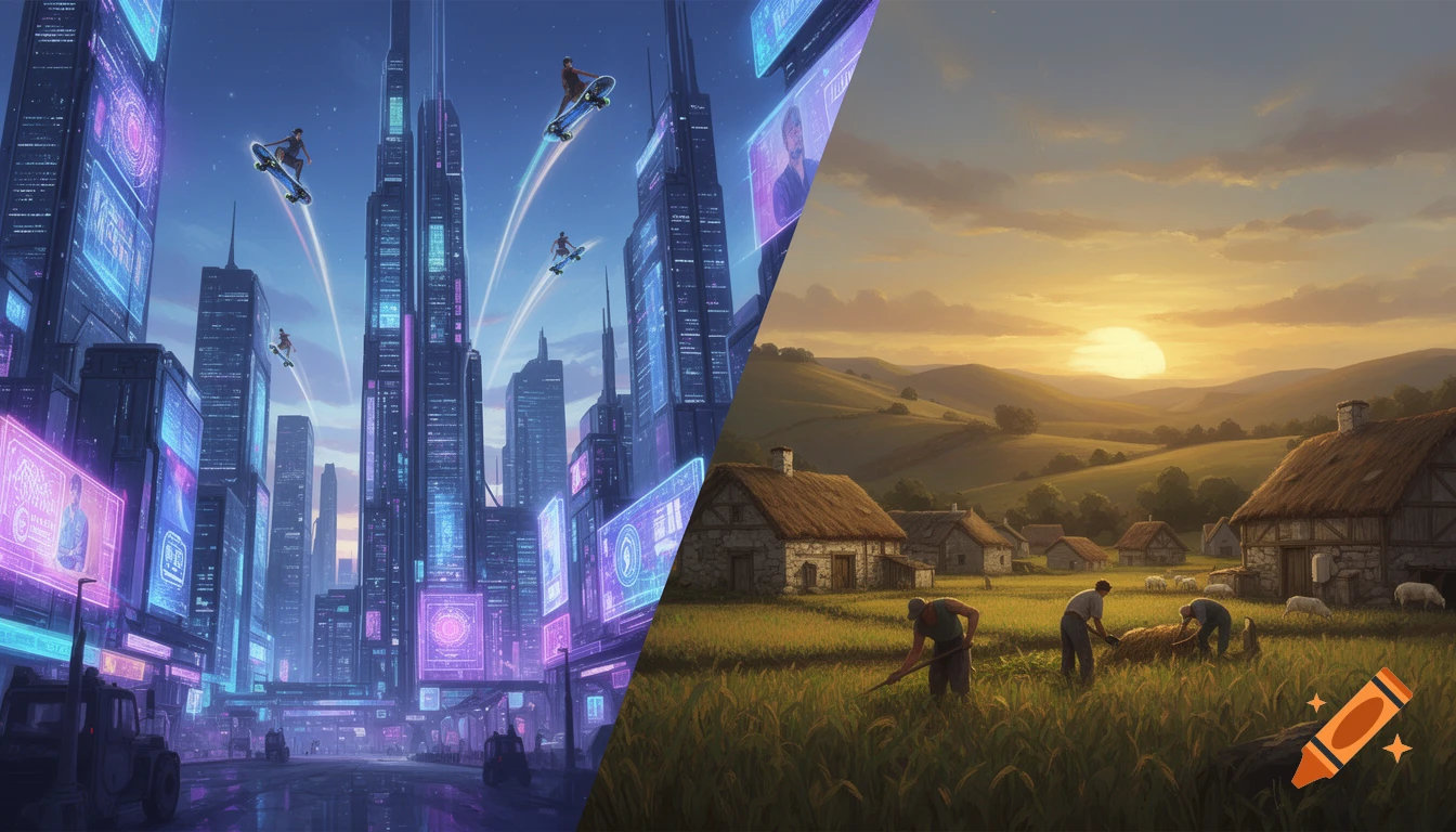A split image showing a vibrant futuristic city with flying ...