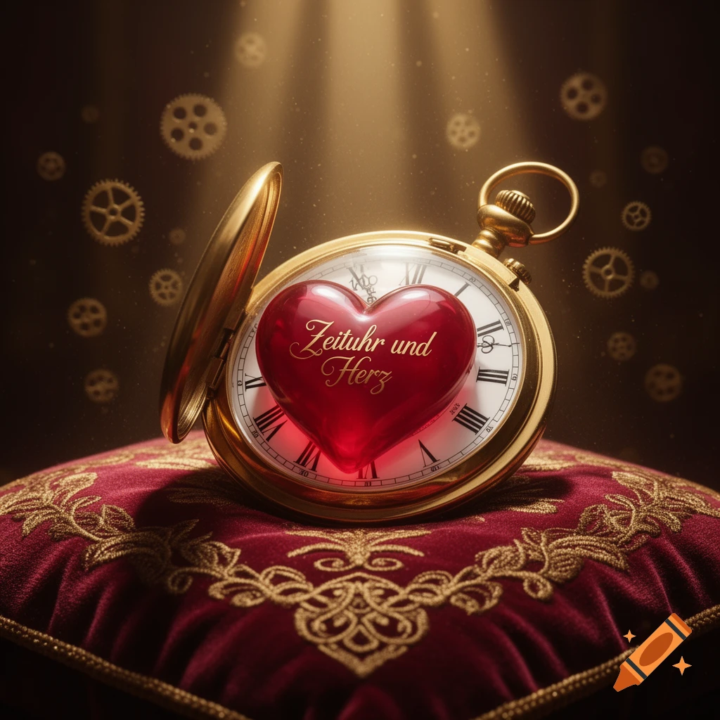 Golden pocket watch with an open lid, containing a glowing red heart ...