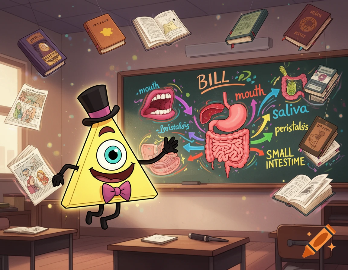 Bill Cipher, a yellow demon triangle with a top hat and bow tie, floats ...