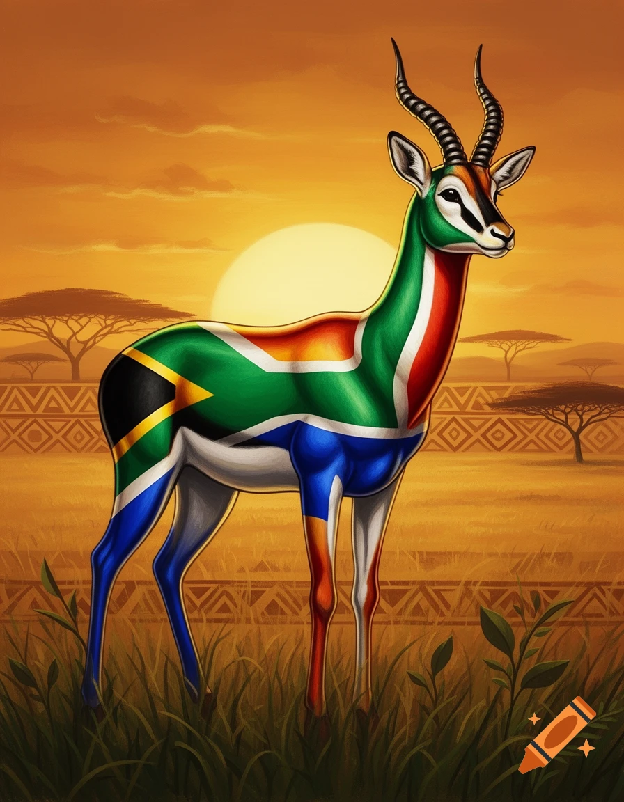 Stylized illustration of an antelope with the South African flag design ...
