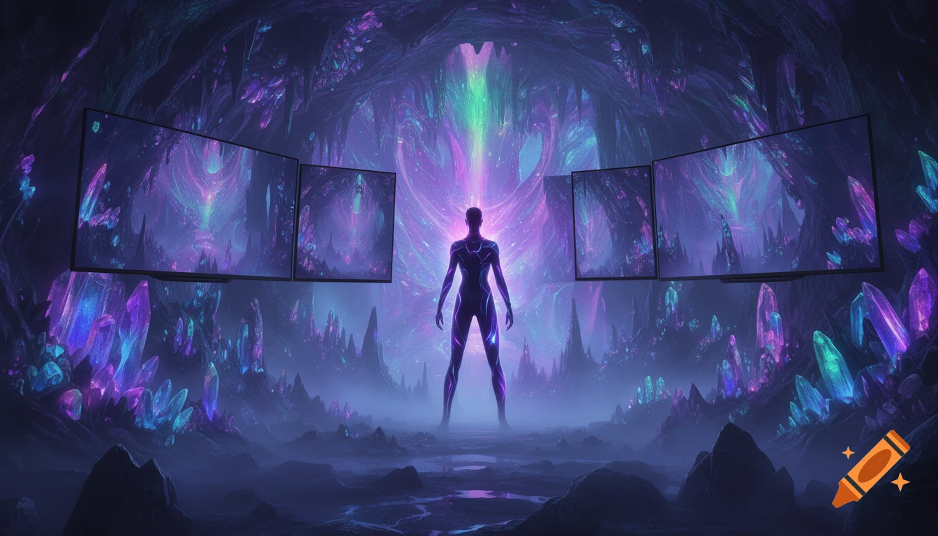 A glowing humanoid figure in a dark alien cavern filled with purple and ...