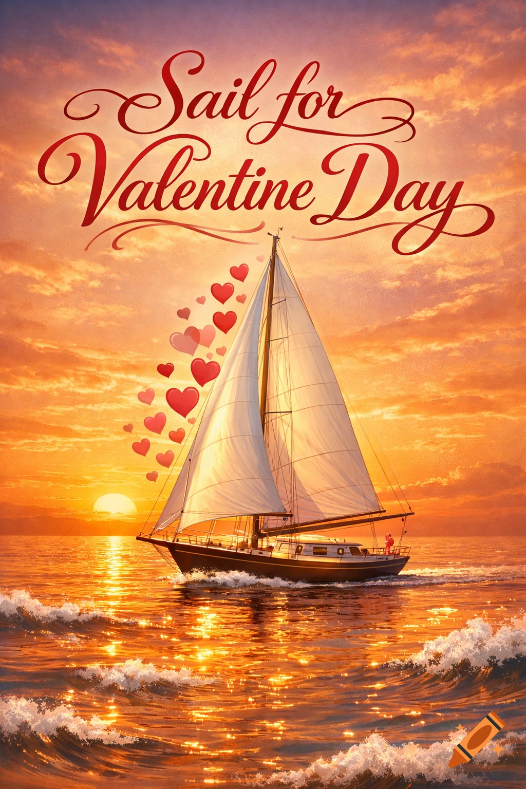 A romantic sailboat glides across sparkling water at sunset, with red ...