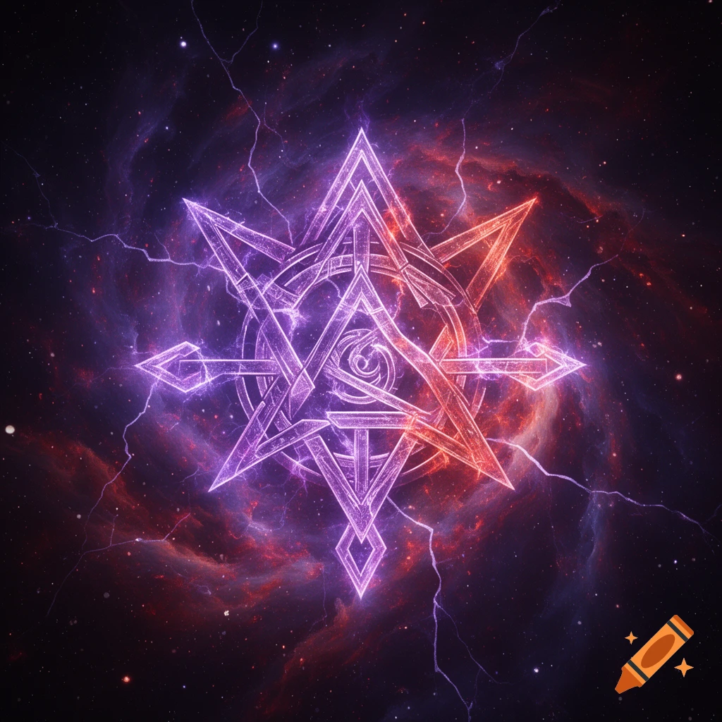An intricate, glowing sigil radiating violet and crimson cosmic energy ...