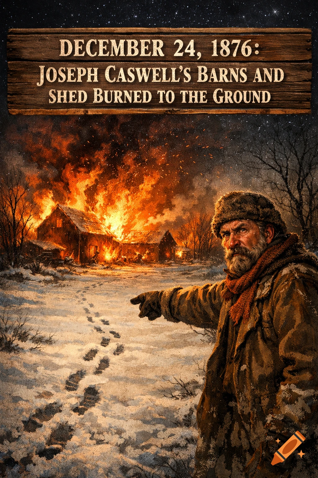 A distressed pioneer farmer points at his burning barns and shed in a ...