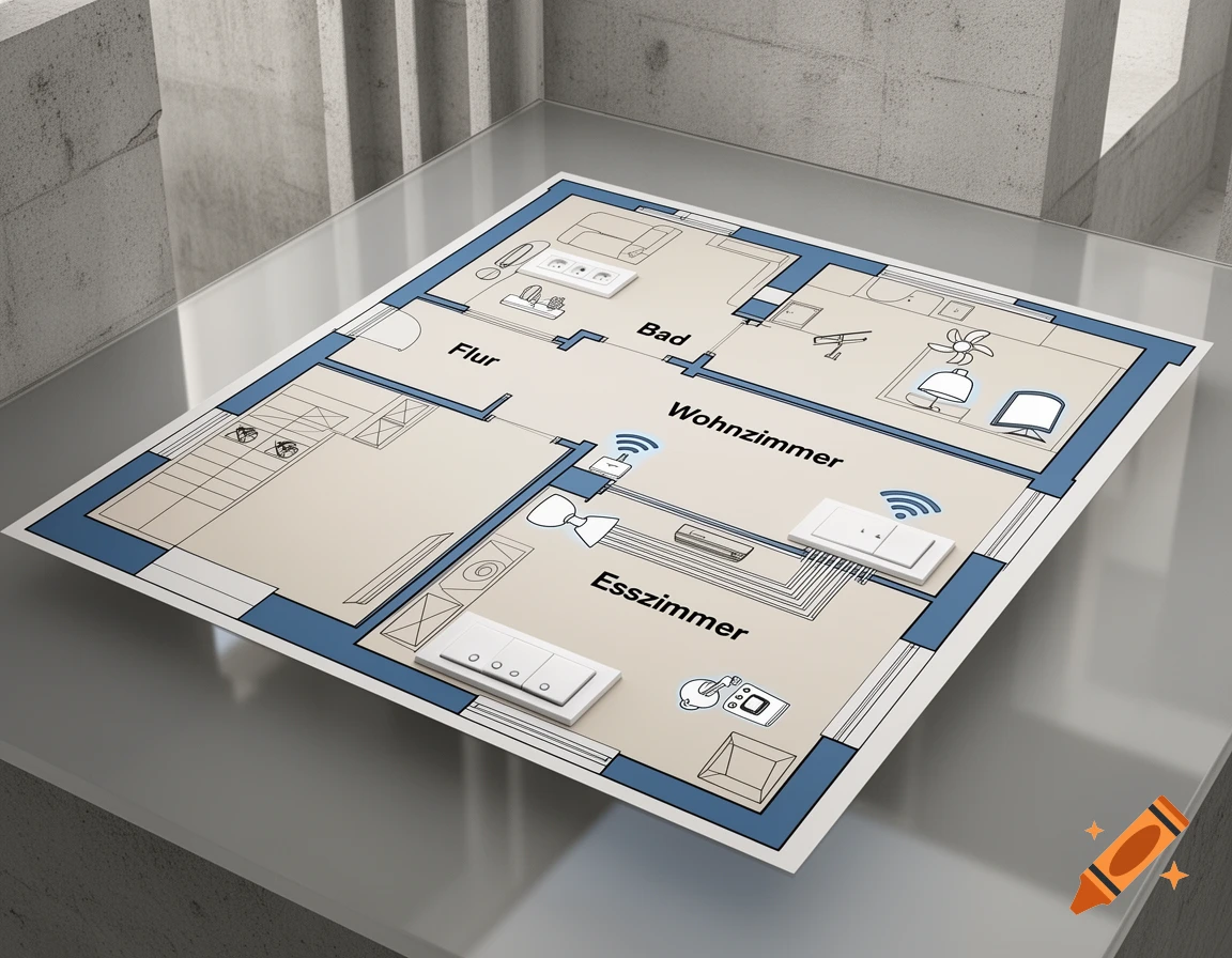 Overhead view of a modern floor plan with German room labels, showing ...