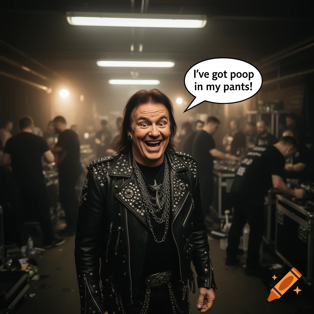 A laughing man in a studded leather jacket, resembling Rob Halford ...