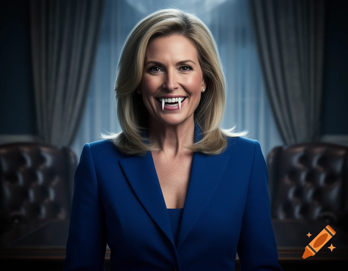 A smiling blonde woman with vampire fangs, wearing a blue suit, in a ...