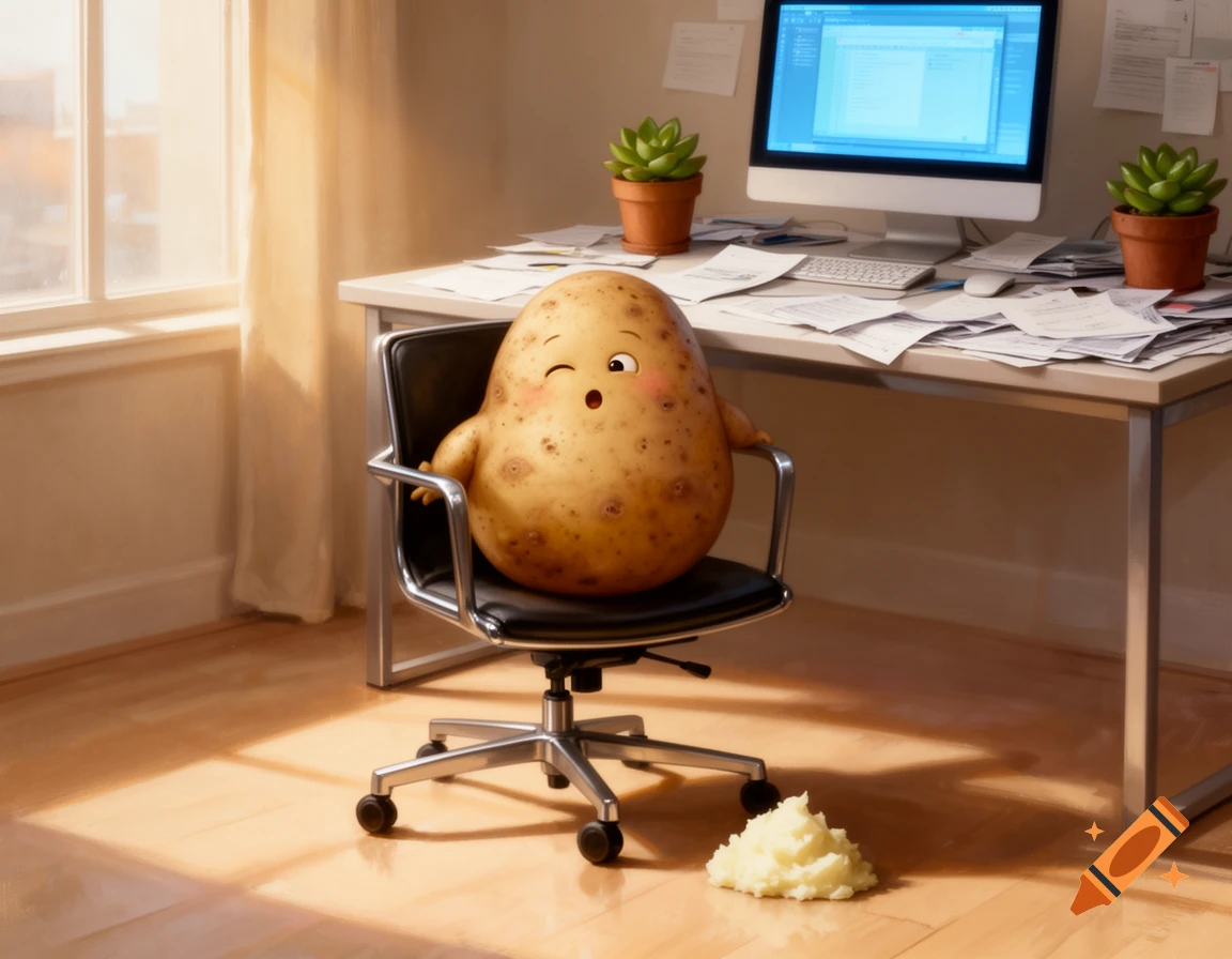 A cute, winking potato person sits in an office chair at a messy desk ...